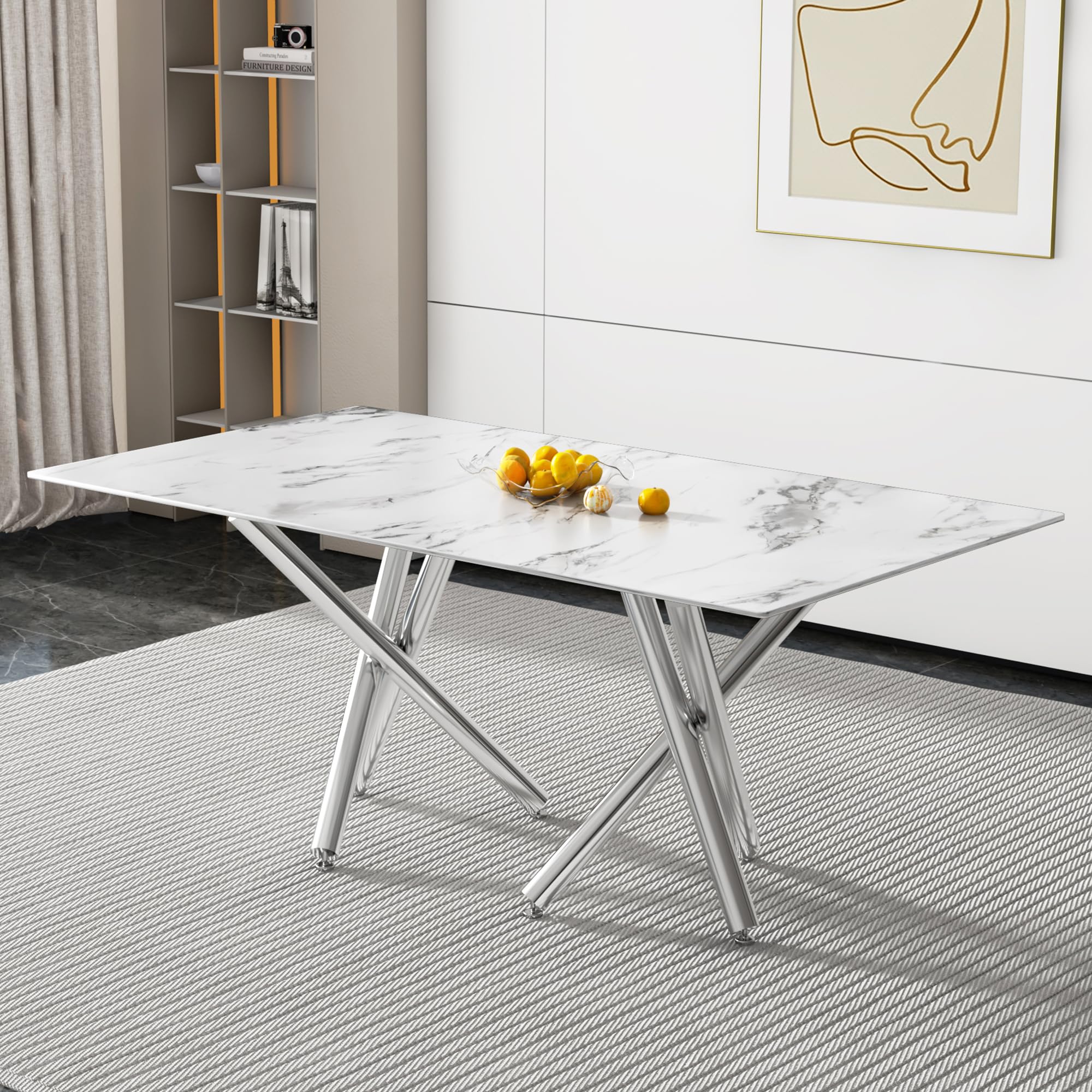 WOXYX Modern Large Simple Rectangular Glass Dining Table for 6-8 People with 0.39-inch White Imitation Marble Desktop and Silver Metal Legs, Black