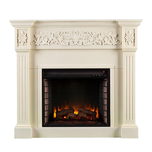 SEI Furniture Calvert Electric Carved Floral Trim Fireplace, Ivory (FA9279E)