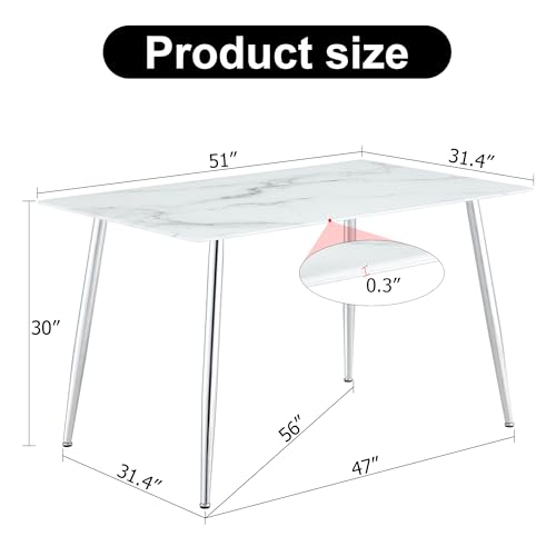 TesNus 50 inch Marble Dining Table, Modern Rectangular Faux Marble Dining Table with Black Metal Legs for Kitchen Dining Living Room (White-a)