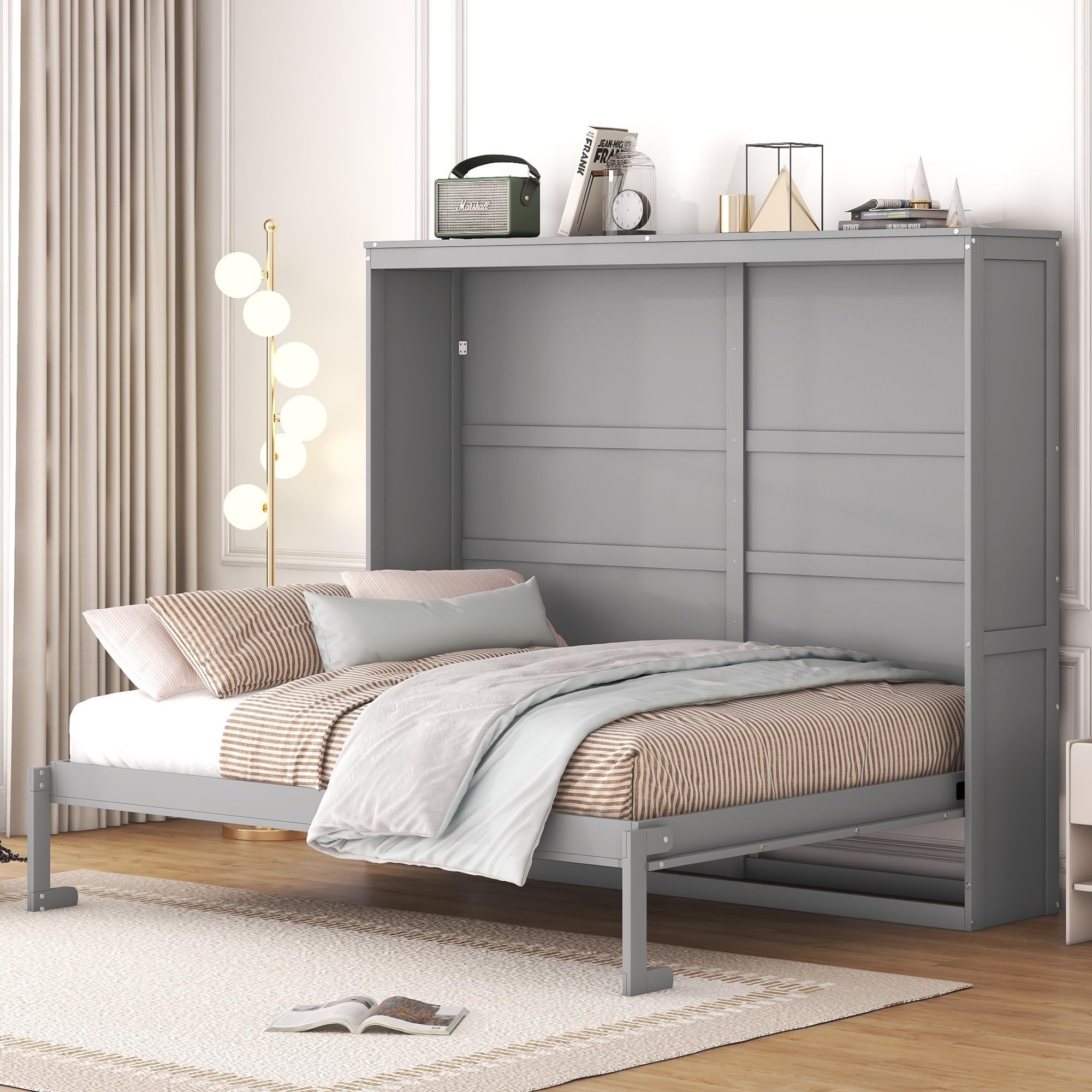 P PURLOVE Queen Murphy Bed Cabinet Wall Bed,Multifunctional Queen Size Murphy Bed Frame can be Folded into a Cabinet,Solid Wood Foldable Storage Cabinet Bed for Small Places,Gray