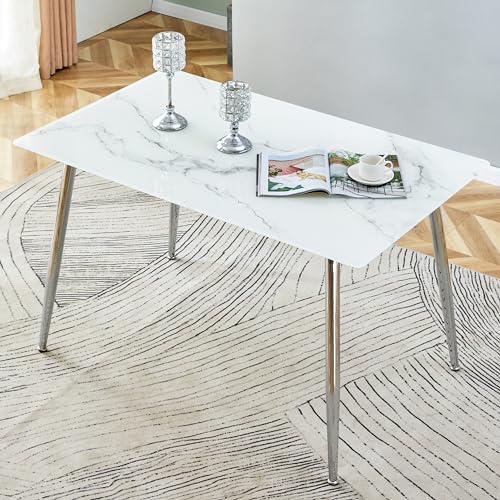 TesNus 50 inch Marble Dining Table, Modern Rectangular Faux Marble Dining Table with Black Metal Legs for Kitchen Dining Living Room (White-a)