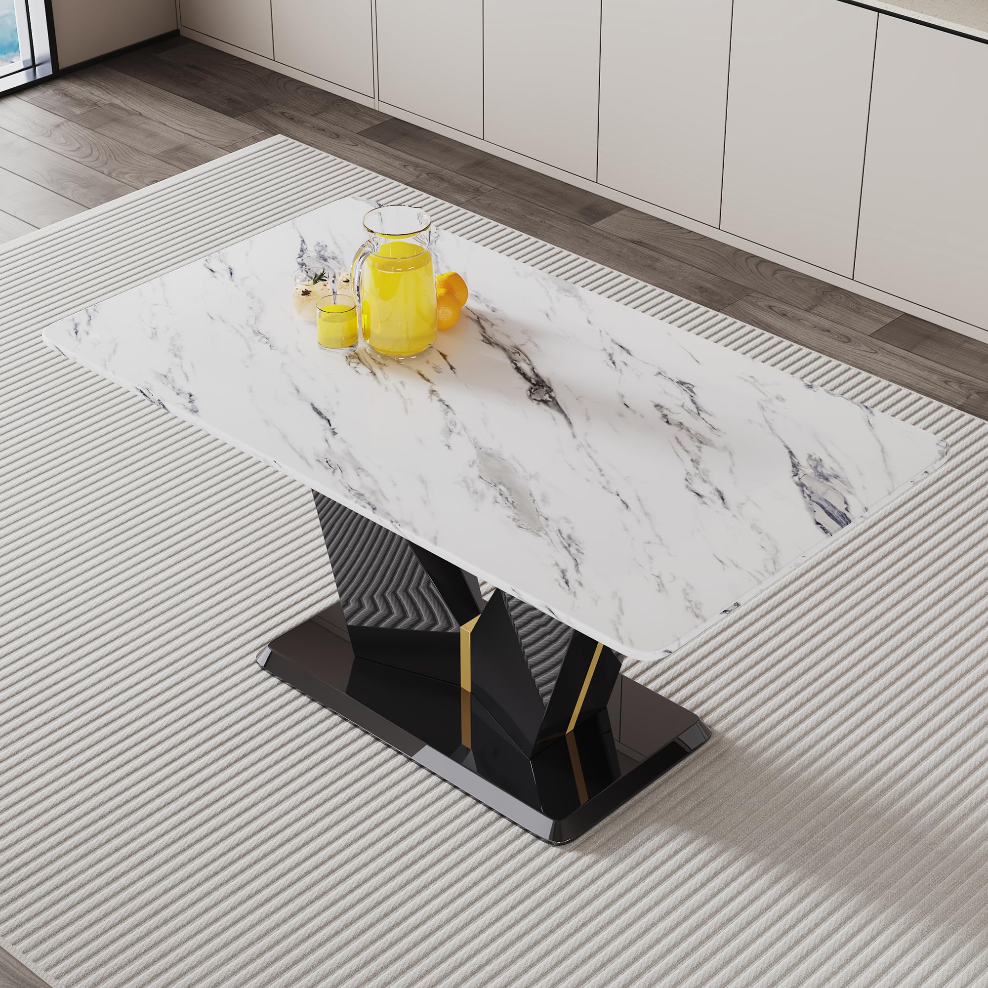 Pvillez 63 inch Marble Dining Table, Modern Dining Table for 4 6 People, Kitchen Table with Rectangular White Faux Marble Top & V Shape Pedestal Base Dinner Table for Dining Room Kitchen Living Room