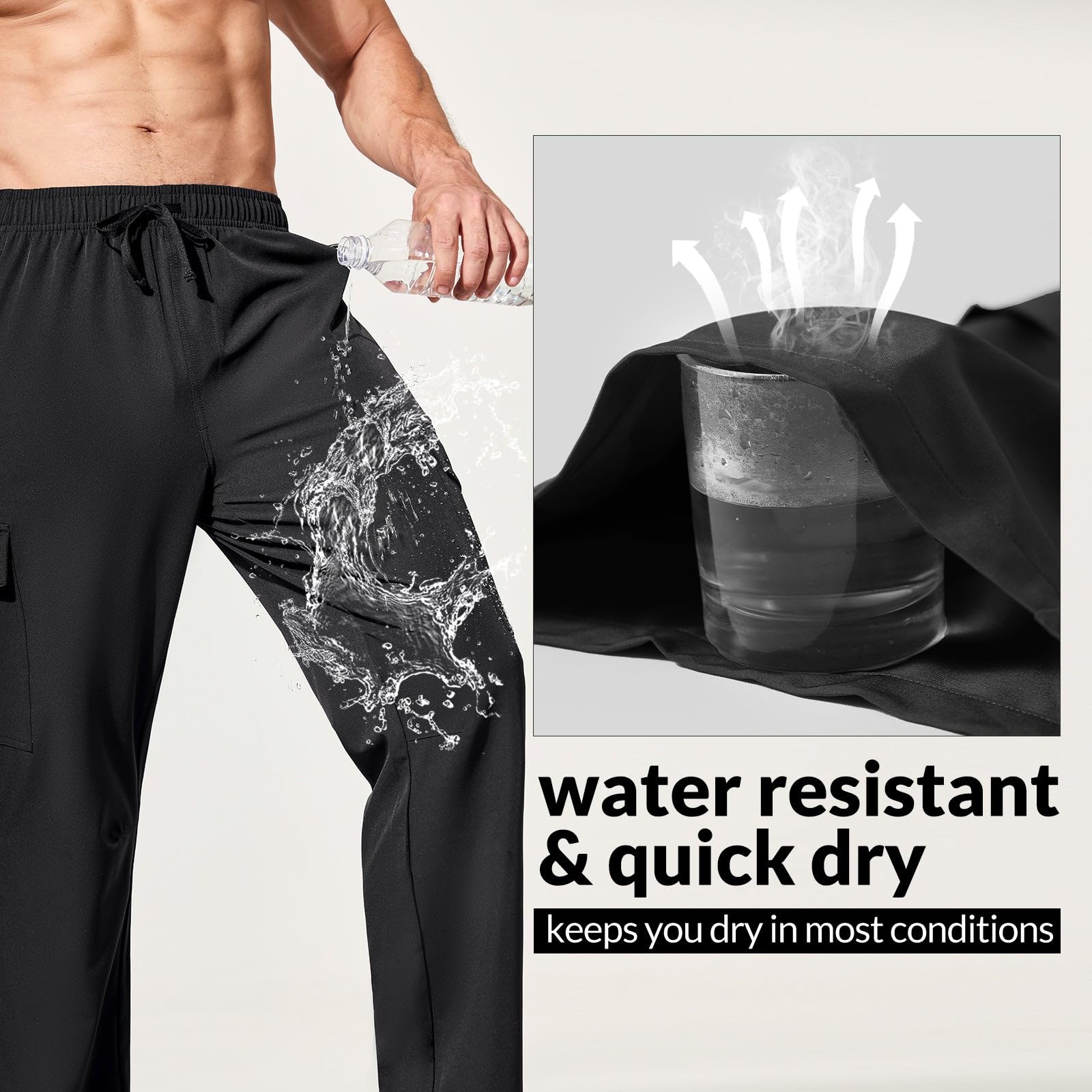 BALEAF Men's Hiking Pants Waterproof Lightweight Quick Dry Cargo Travel Elastic Waist Strentch Straight Leg UPF 50+ for Work Athletic Black Size M