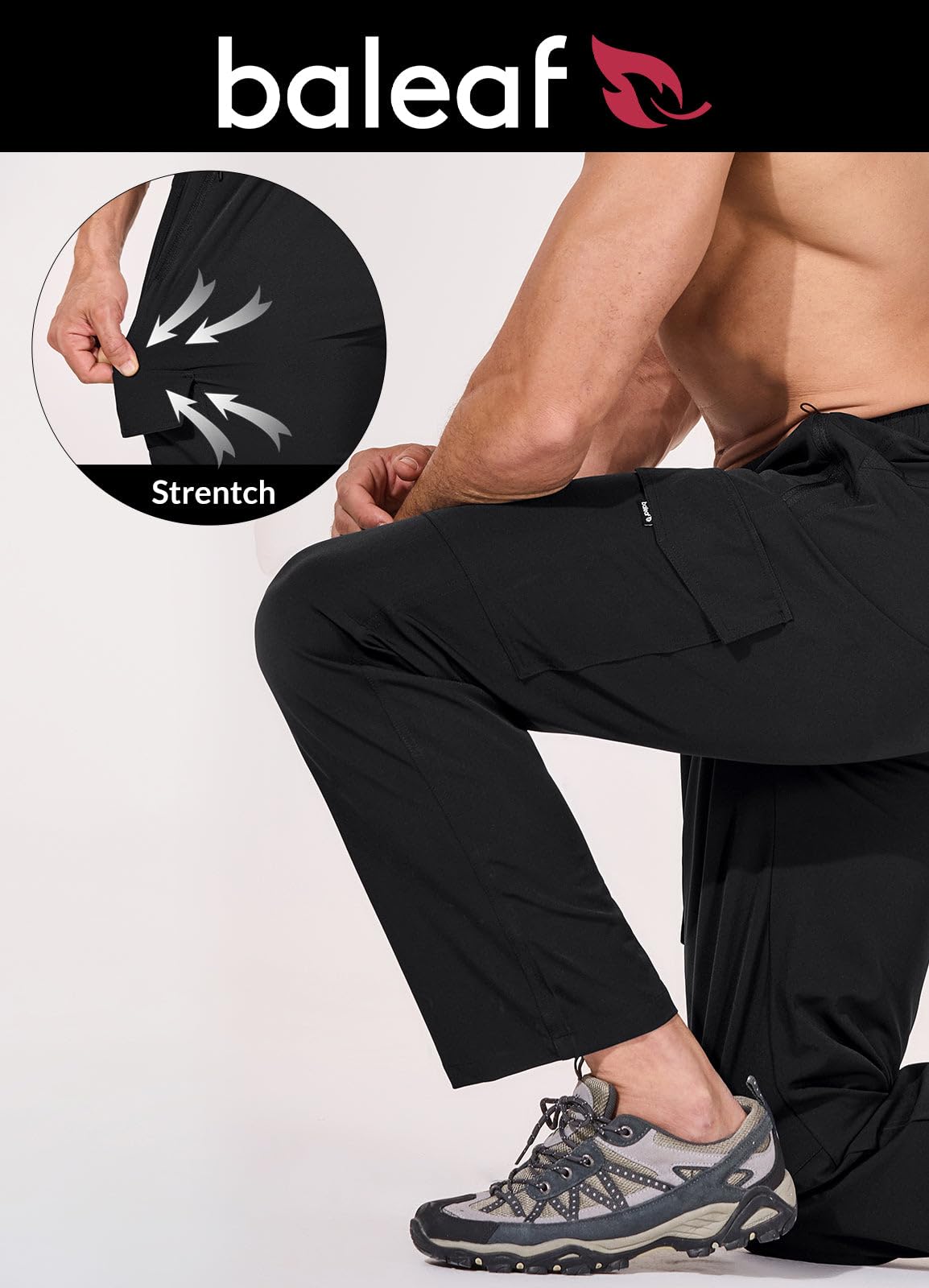 BALEAF Men's Hiking Pants Waterproof Lightweight Quick Dry Cargo Travel Elastic Waist Strentch Straight Leg UPF 50+ for Work Athletic Black Size M