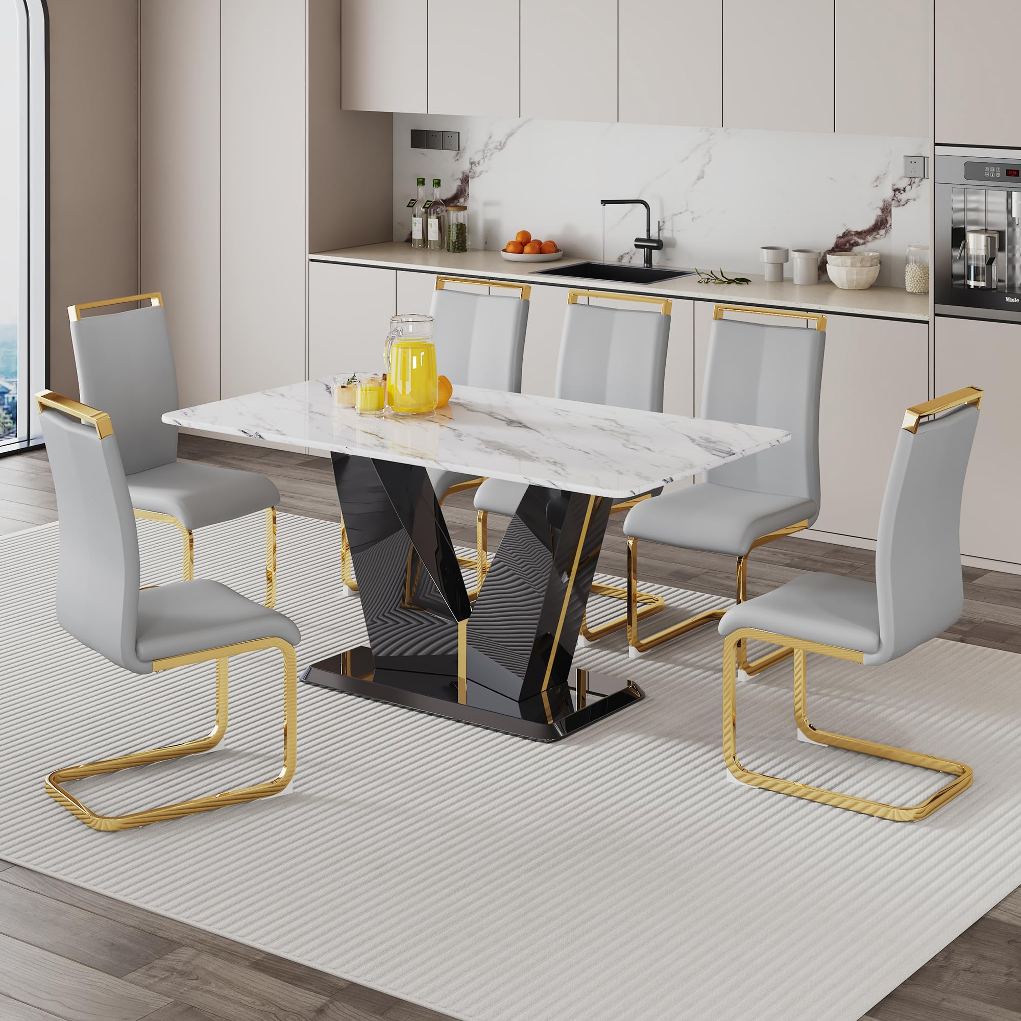 Pvillez 63 inch Marble Dining Table, Modern Dining Table for 4 6 People, Kitchen Table with Rectangular White Faux Marble Top & V Shape Pedestal Base Dinner Table for Dining Room Kitchen Living Room