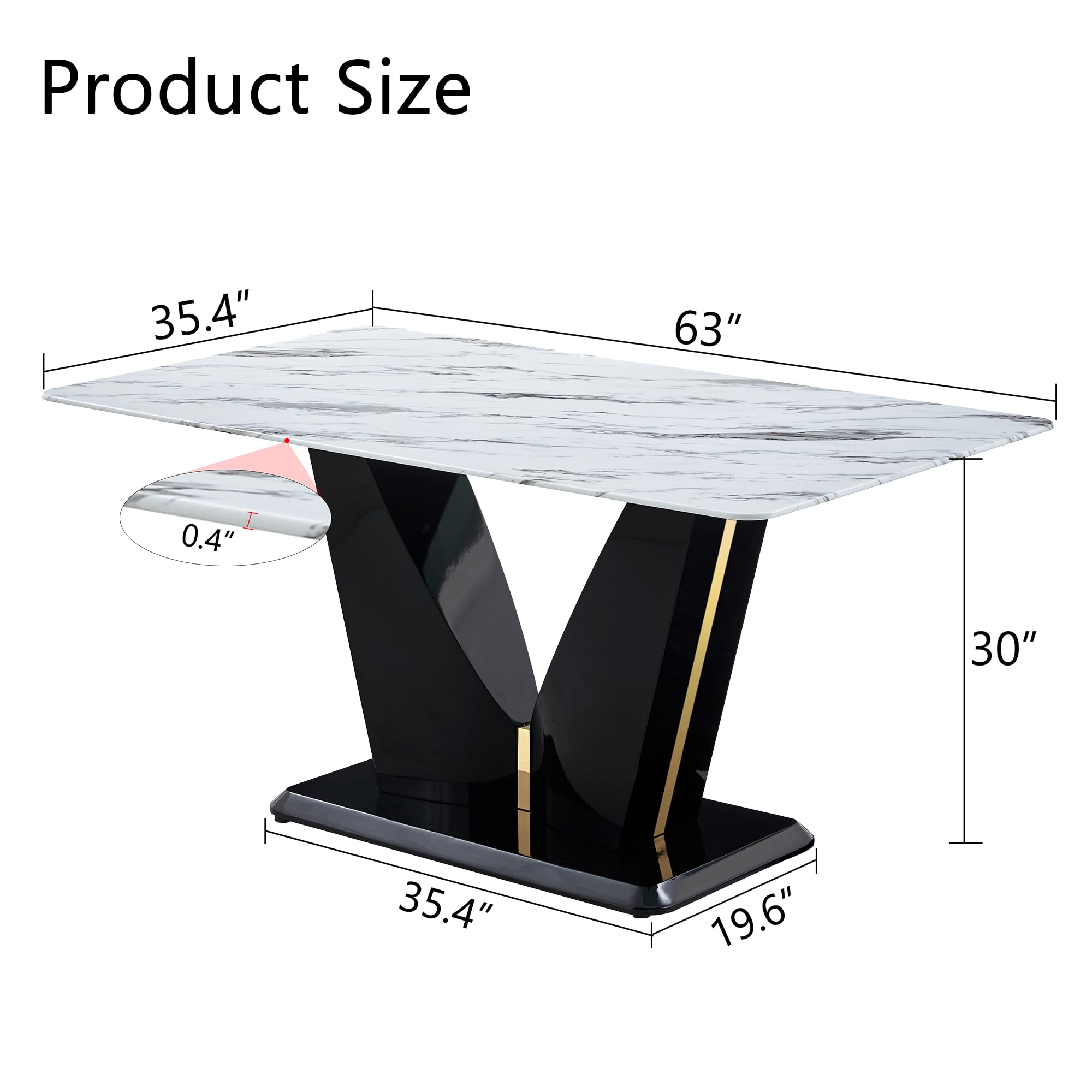 Pvillez 63 inch Marble Dining Table, Modern Dining Table for 4 6 People, Kitchen Table with Rectangular White Faux Marble Top & V Shape Pedestal Base Dinner Table for Dining Room Kitchen Living Room