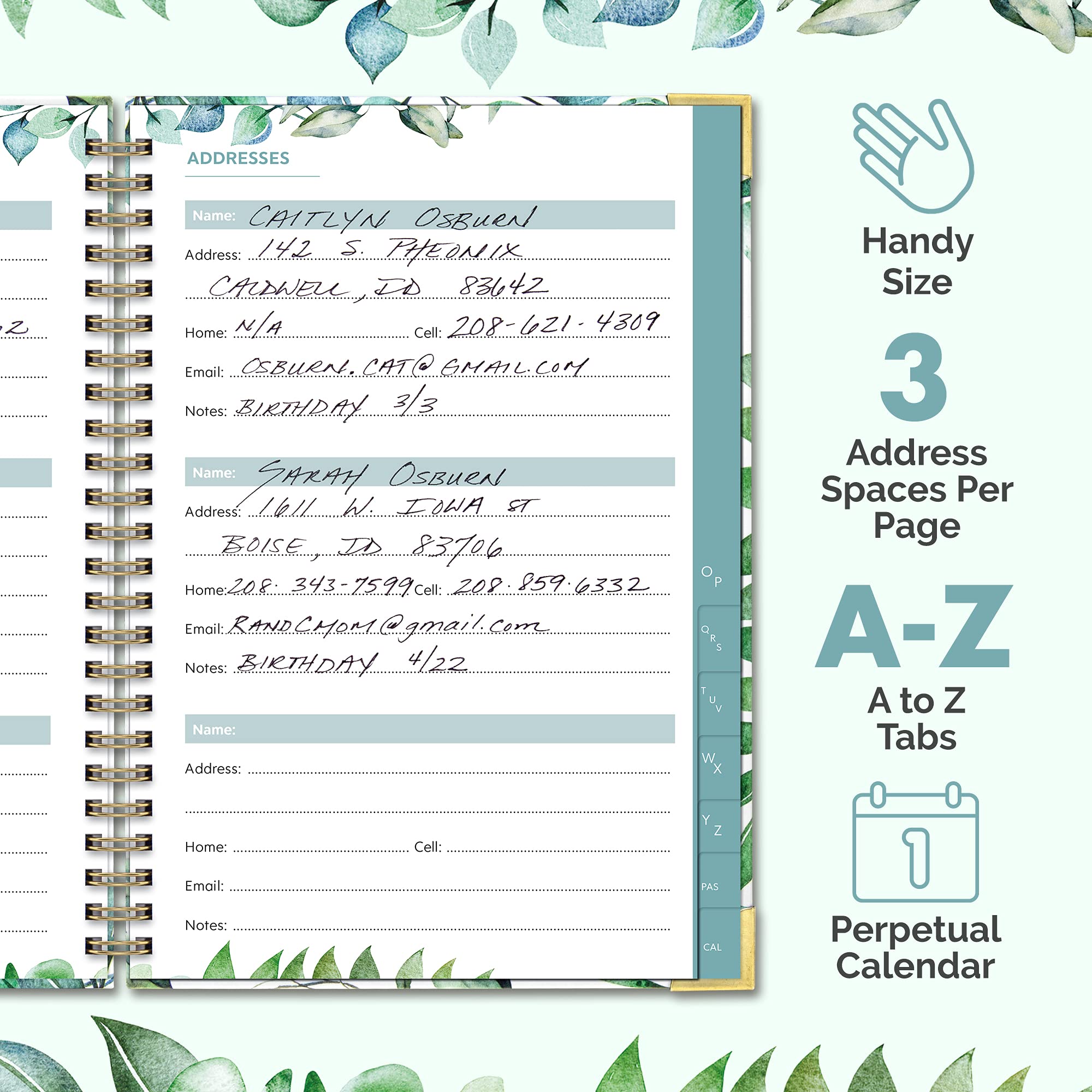 Simplified Greenery Address and Password Book with Alphabetical Tabs - The Perfect Spiral Bound Address Organizer incl. Address Labels, Contact and Phone Section