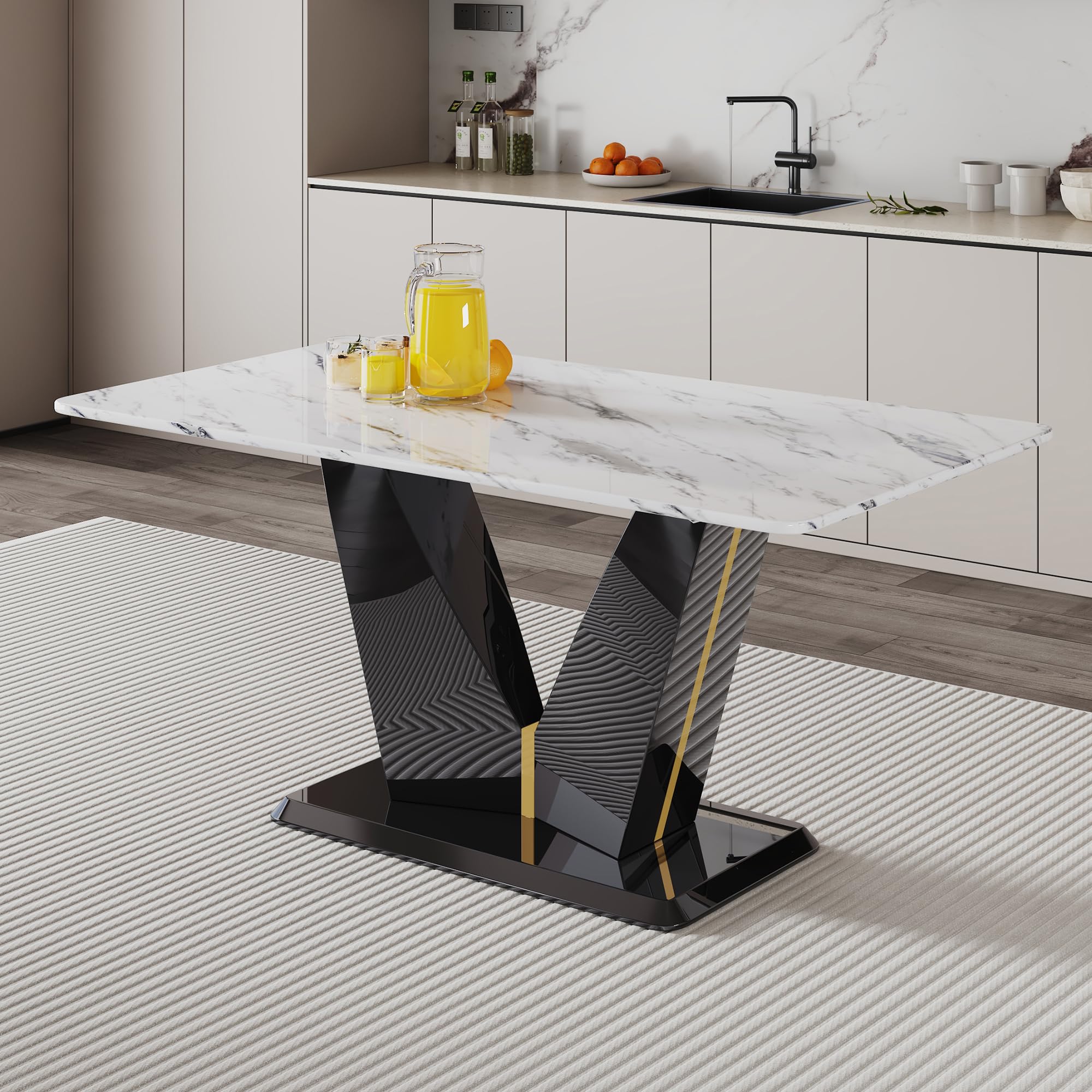Pvillez 63 inch Marble Dining Table, Modern Dining Table for 4 6 People, Kitchen Table with Rectangular White Faux Marble Top & V Shape Pedestal Base Dinner Table for Dining Room Kitchen Living Room