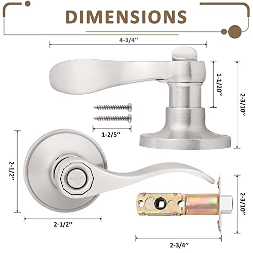 Probrico 10 Pack Privacy Door Lever Thumb Turn Lock on The Inside, Locking Door Handle Set for Bedroom & Bathroom Doors,Keyless Satin Nickel Finish Wave Door Lock, Reversible Right & Left Side Handed