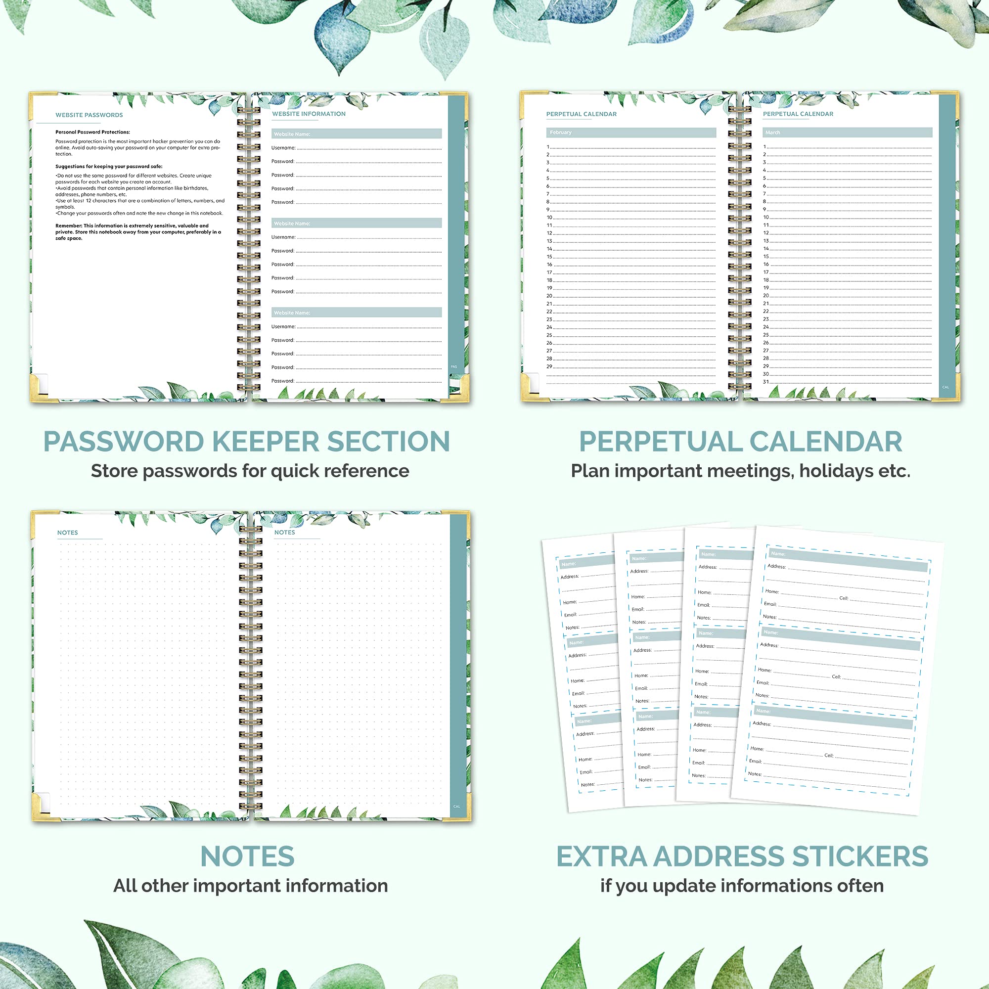 Simplified Greenery Address and Password Book with Alphabetical Tabs - The Perfect Spiral Bound Address Organizer incl. Address Labels, Contact and Phone Section