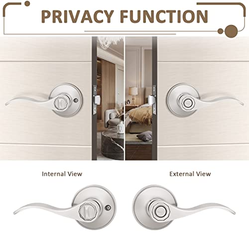 Probrico 10 Pack Privacy Door Lever Thumb Turn Lock on The Inside, Locking Door Handle Set for Bedroom & Bathroom Doors,Keyless Satin Nickel Finish Wave Door Lock, Reversible Right & Left Side Handed