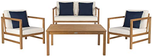 SAFAVIEH Outdoor Collection Montez Natural/ Beige Cushions/ Navy Pillows 4-Piece Conversation Patio Set