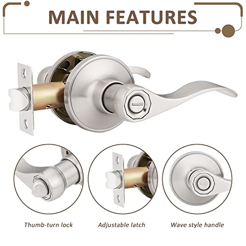 Probrico 10 Pack Privacy Door Lever Thumb Turn Lock on The Inside, Locking Door Handle Set for Bedroom & Bathroom Doors,Keyless Satin Nickel Finish Wave Door Lock, Reversible Right & Left Side Handed