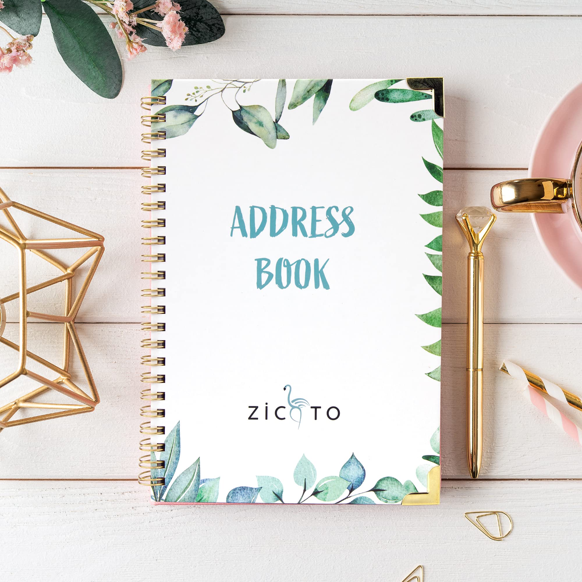 Simplified Greenery Address and Password Book with Alphabetical Tabs - The Perfect Spiral Bound Address Organizer incl. Address Labels, Contact and Phone Section