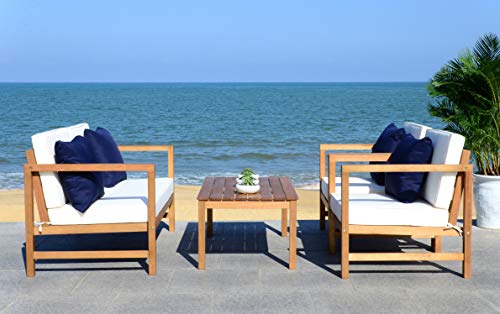 SAFAVIEH Outdoor Collection Montez Natural/ Beige Cushions/ Navy Pillows 4-Piece Conversation Patio Set