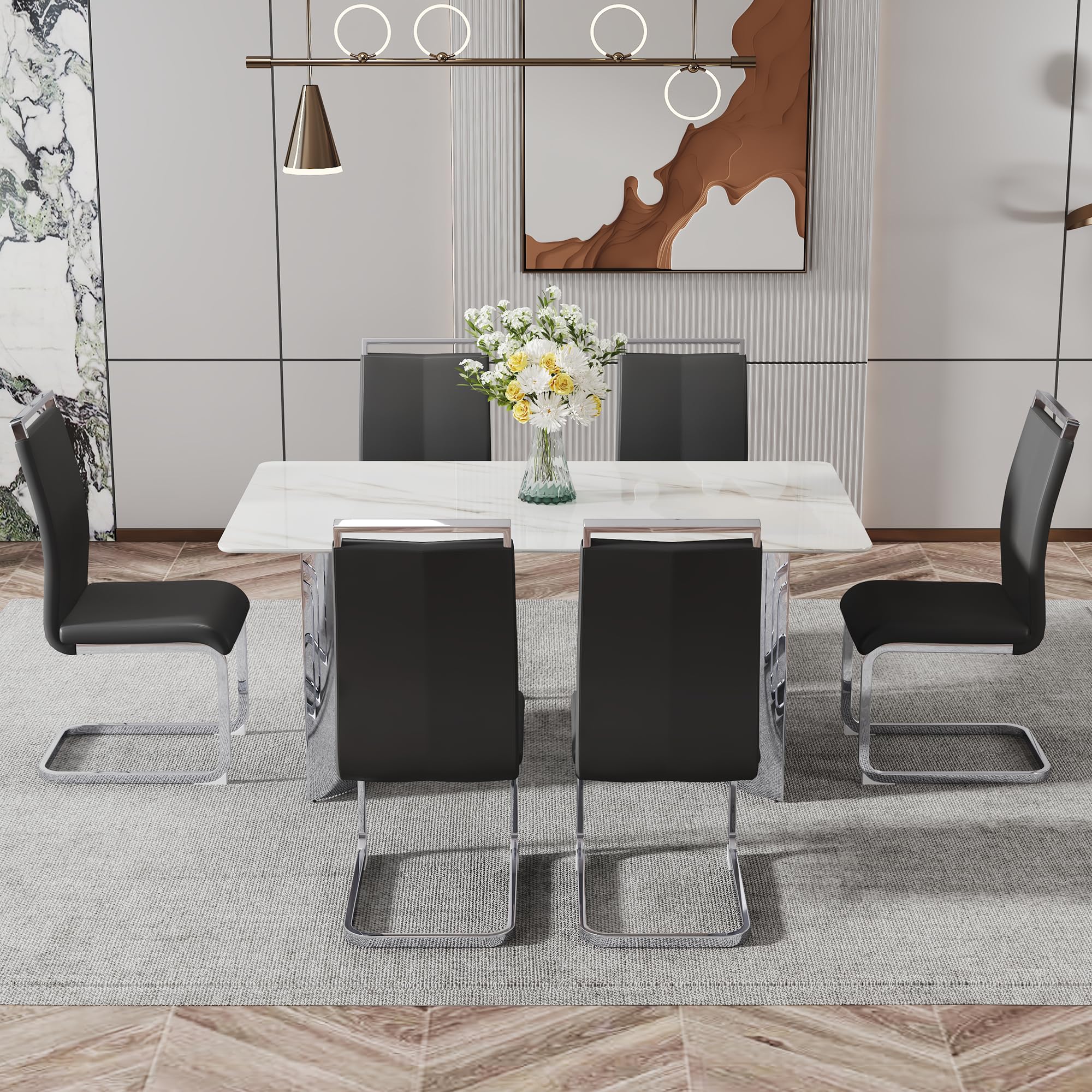 Maotifeys Marble Dining Table Set for 6, 7 Piece Modern Dining Room Table Set with Rectangle Kitchen Table and Black Upholstered Pu Leather Chairs, 63" White Faux Marble Dining Table Chairs Set of 6