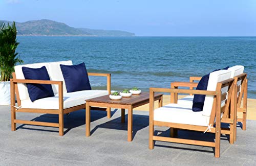 SAFAVIEH Outdoor Collection Montez Natural/ Beige Cushions/ Navy Pillows 4-Piece Conversation Patio Set