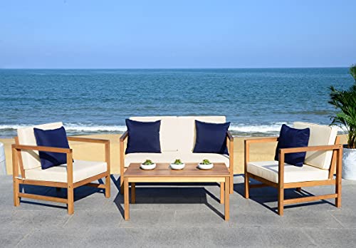 SAFAVIEH Outdoor Collection Montez Natural/ Beige Cushions/ Navy Pillows 4-Piece Conversation Patio Set