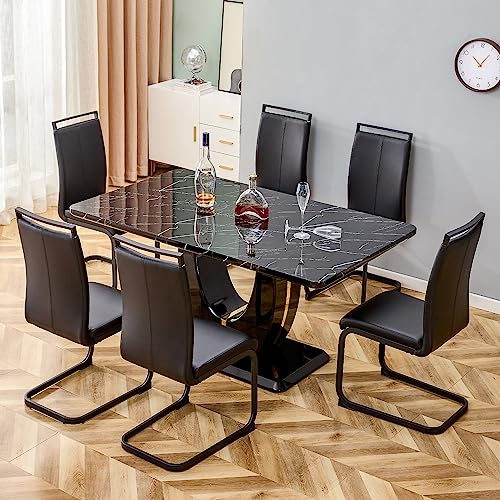 Pvillez Marble Dining Table, 63 inch Kitchen Dining Table for 6, Mid Century Modern Dining Room Table with Black Faux Marble Top & U Shape Pedestal Base, Rectangle Dinner Table for Dining Room Kitchen