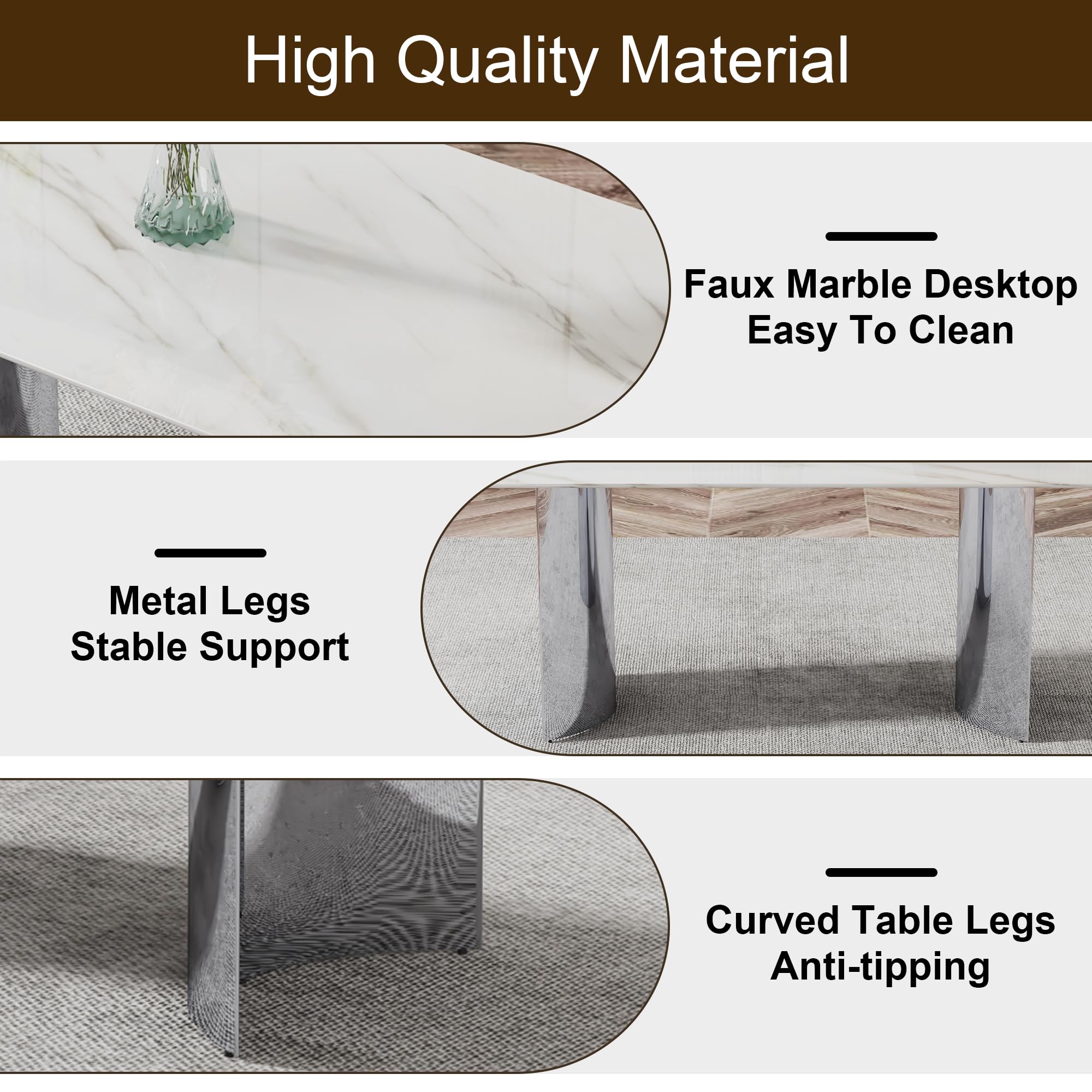 Maotifeys Marble Dining Table Set for 6, 7 Piece Modern Dining Room Table Set with Rectangle Kitchen Table and Black Upholstered Pu Leather Chairs, 63" White Faux Marble Dining Table Chairs Set of 6