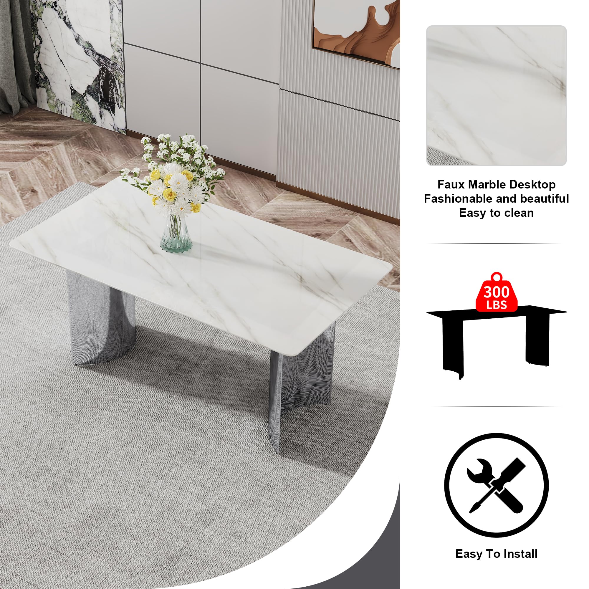 Maotifeys Marble Dining Table Set for 6, 7 Piece Modern Dining Room Table Set with Rectangle Kitchen Table and Black Upholstered Pu Leather Chairs, 63" White Faux Marble Dining Table Chairs Set of 6