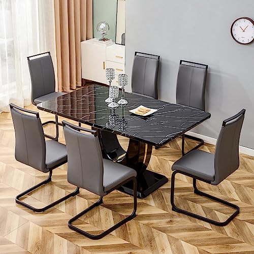 Pvillez Marble Dining Table, 63 inch Kitchen Dining Table for 6, Mid Century Modern Dining Room Table with Black Faux Marble Top & U Shape Pedestal Base, Rectangle Dinner Table for Dining Room Kitchen