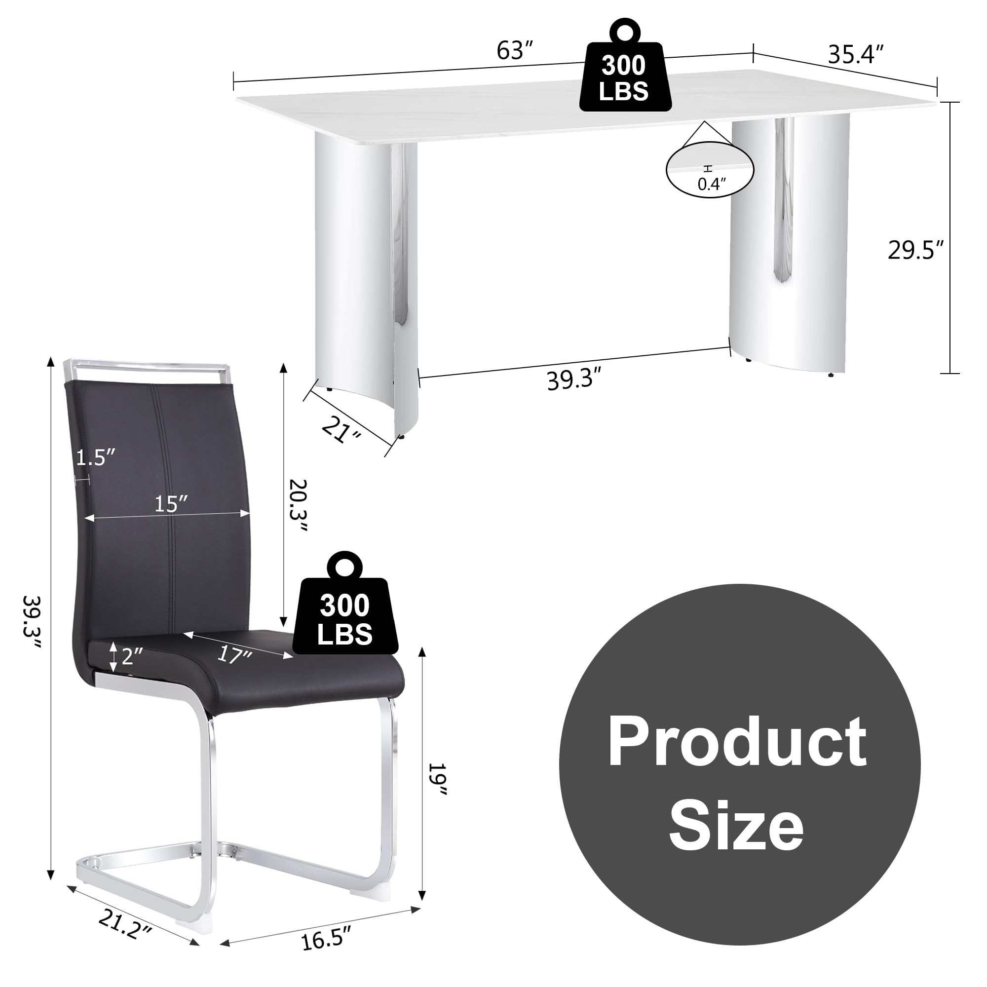 Maotifeys Marble Dining Table Set for 6, 7 Piece Modern Dining Room Table Set with Rectangle Kitchen Table and Black Upholstered Pu Leather Chairs, 63" White Faux Marble Dining Table Chairs Set of 6