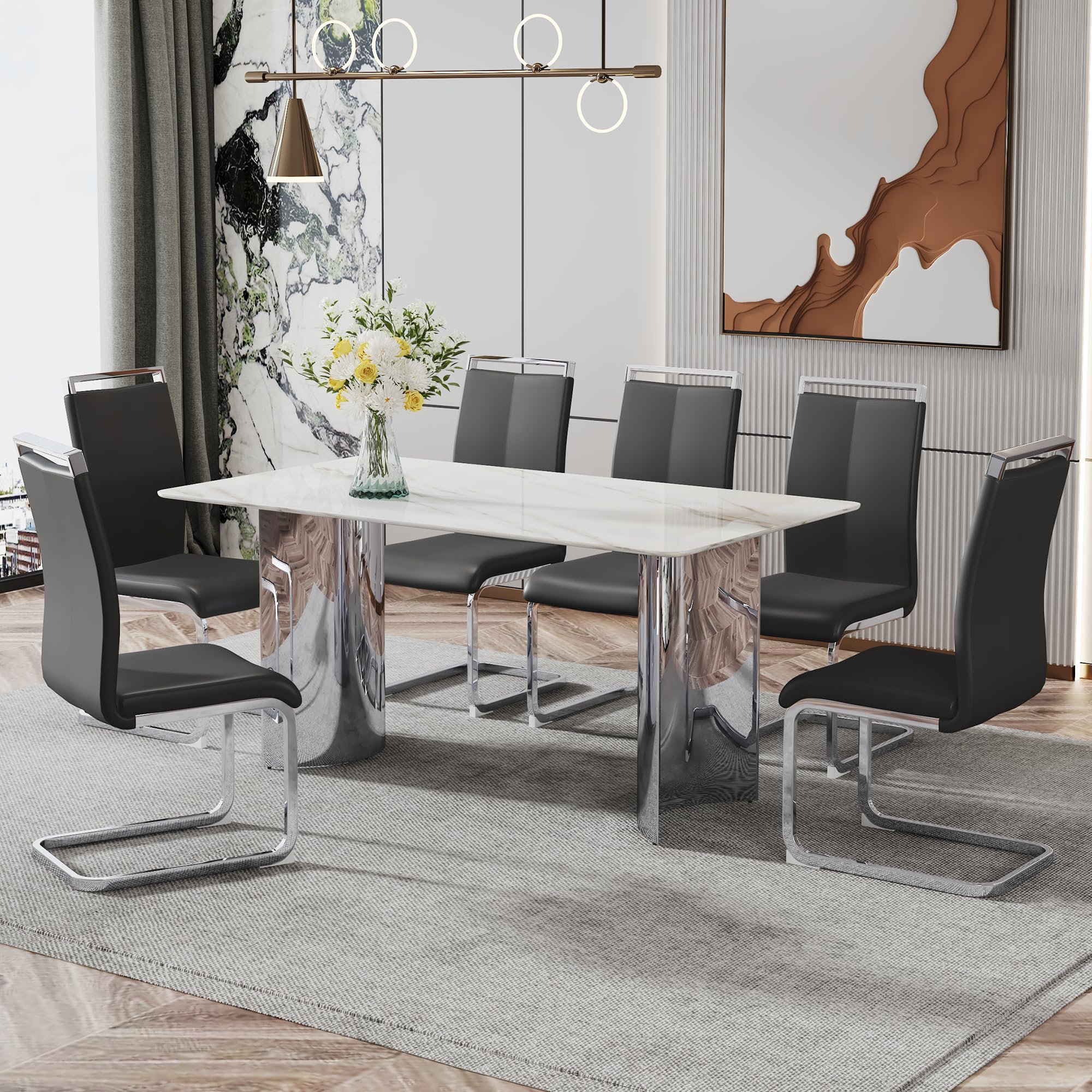 Maotifeys Marble Dining Table Set for 6, 7 Piece Modern Dining Room Table Set with Rectangle Kitchen Table and Black Upholstered Pu Leather Chairs, 63" White Faux Marble Dining Table Chairs Set of 6