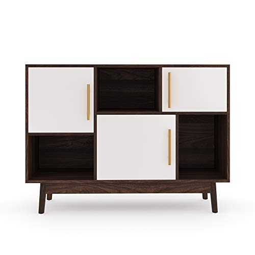 Nathan James Ellipse Multipurpose Storage Cabinet with Display Shelves and Doors, Entryway Modern Buffet or Kitchen Sideboard with Glam Gold Brass Accent, TV Stand, Walnut Brown