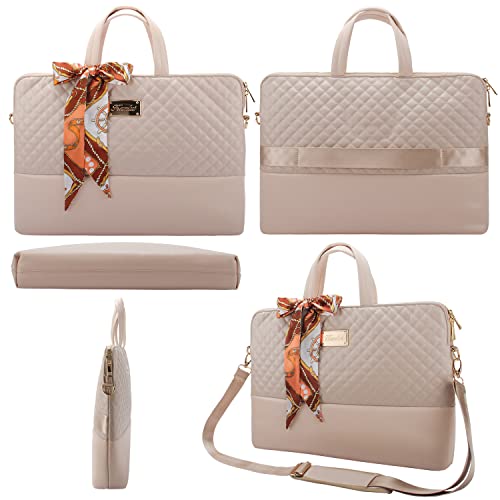 Laptop Bag for Women 15.6-Inch Carrying - Computer Bag Laptop Case Shoulder Slim Work Travel PU Leather (Khaki)