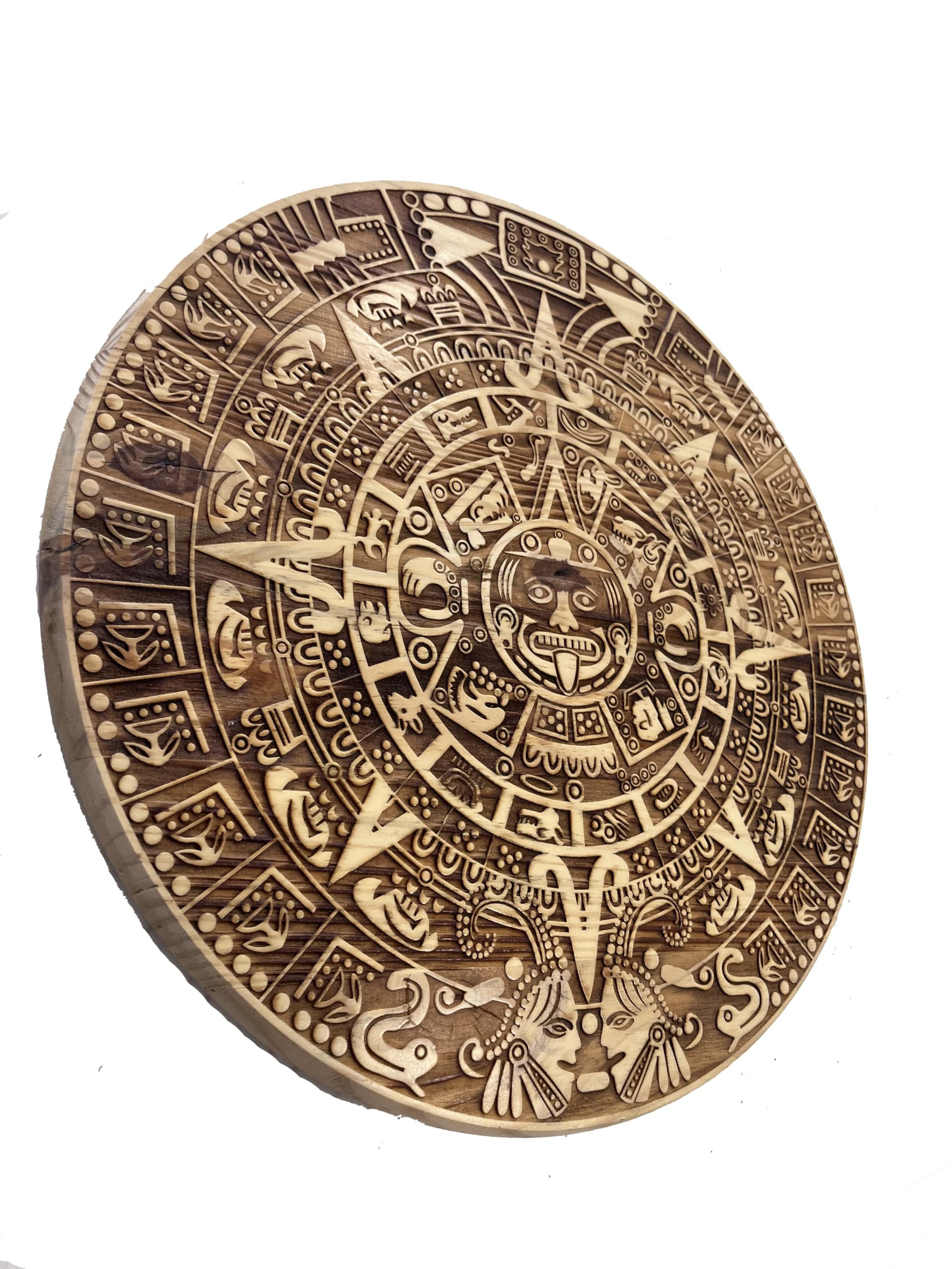 Aztec Calendar Theme Lazy Susan 18 Inches Engraved Centerpiece Handmade Table Ornament, Turntable for Cabinet, Pantry, Kitchen, Home