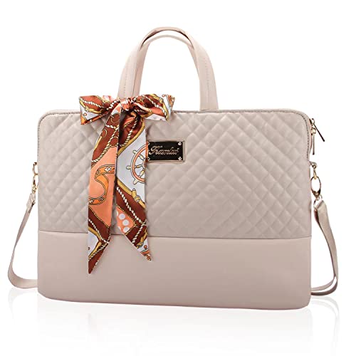 Laptop Bag for Women 15.6-Inch Carrying - Computer Bag Laptop Case Shoulder Slim Work Travel PU Leather (Khaki)
