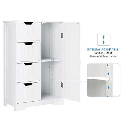 FOTOSOK Bathroom Floor Cabinet, Freestanding Storage Cabinet with 4 Drawers & 1 Cupboard, Adjustable Shelf for Bathroom Entryway Living Room, White