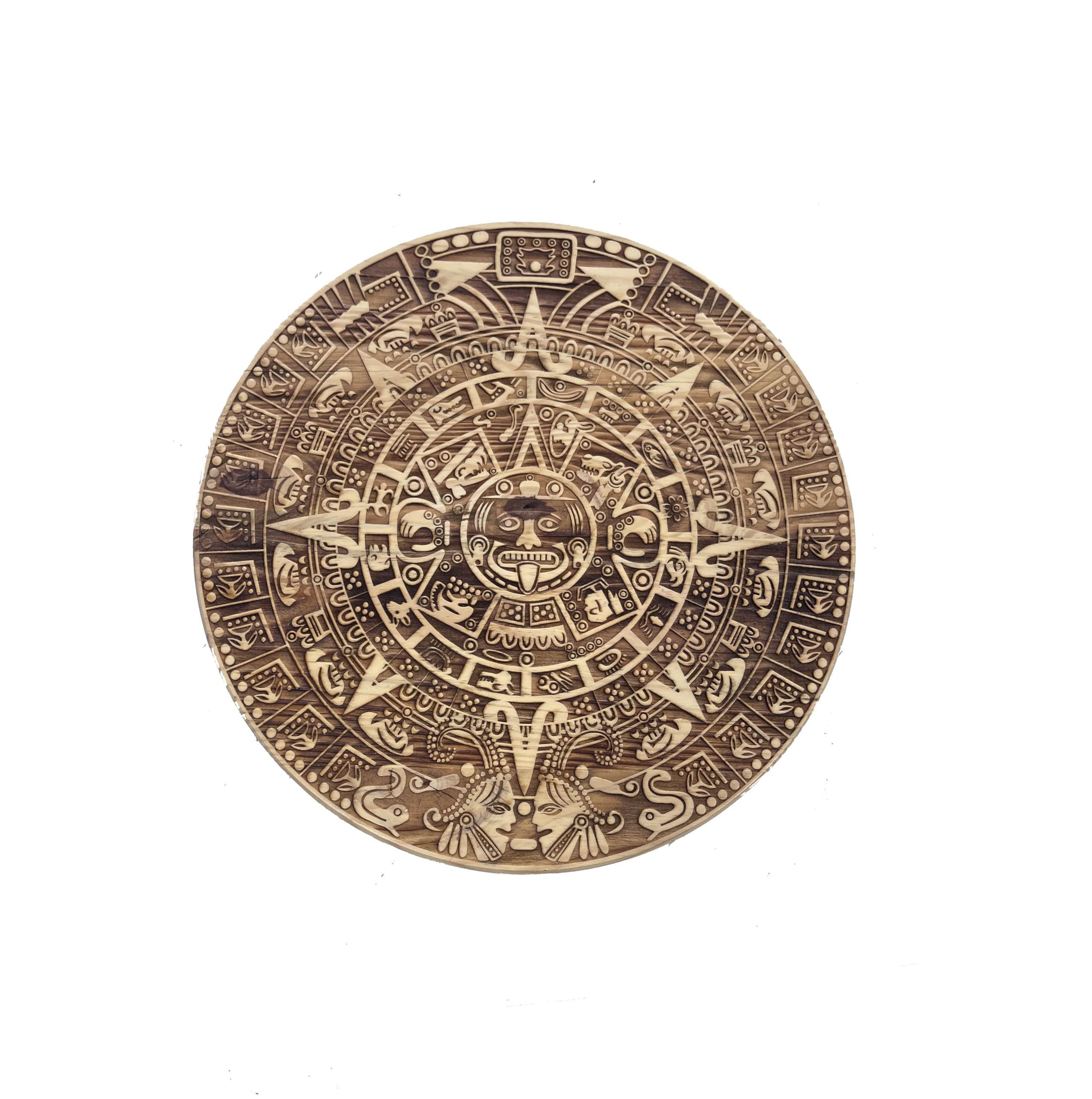 Aztec Calendar Theme Lazy Susan 18 Inches Engraved Centerpiece Handmade Table Ornament, Turntable for Cabinet, Pantry, Kitchen, Home