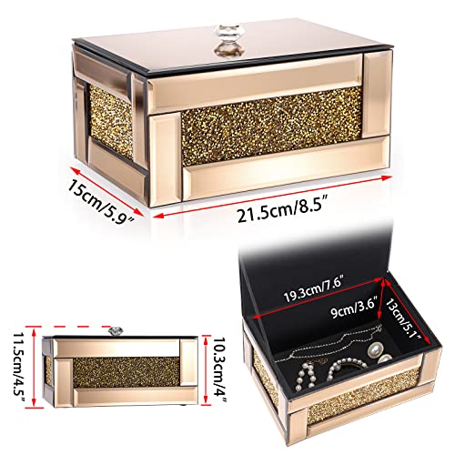 Hipiwe Glass Mirrored Jewelry Box with Crushed Diamond Decor Jewelry Trinket Organizer Box Keepsake Box Treasure Chest Case for Rings Earrings Necklace Storage Box (Large, Gold)