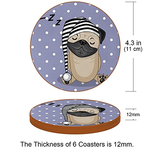 6 PCS Premium Leather Coasters for Drinks - Heat Resistant Drink Coaster - Protect Furniture from Stains Water Rings and Damage - Cute Pug Dog Sleepy