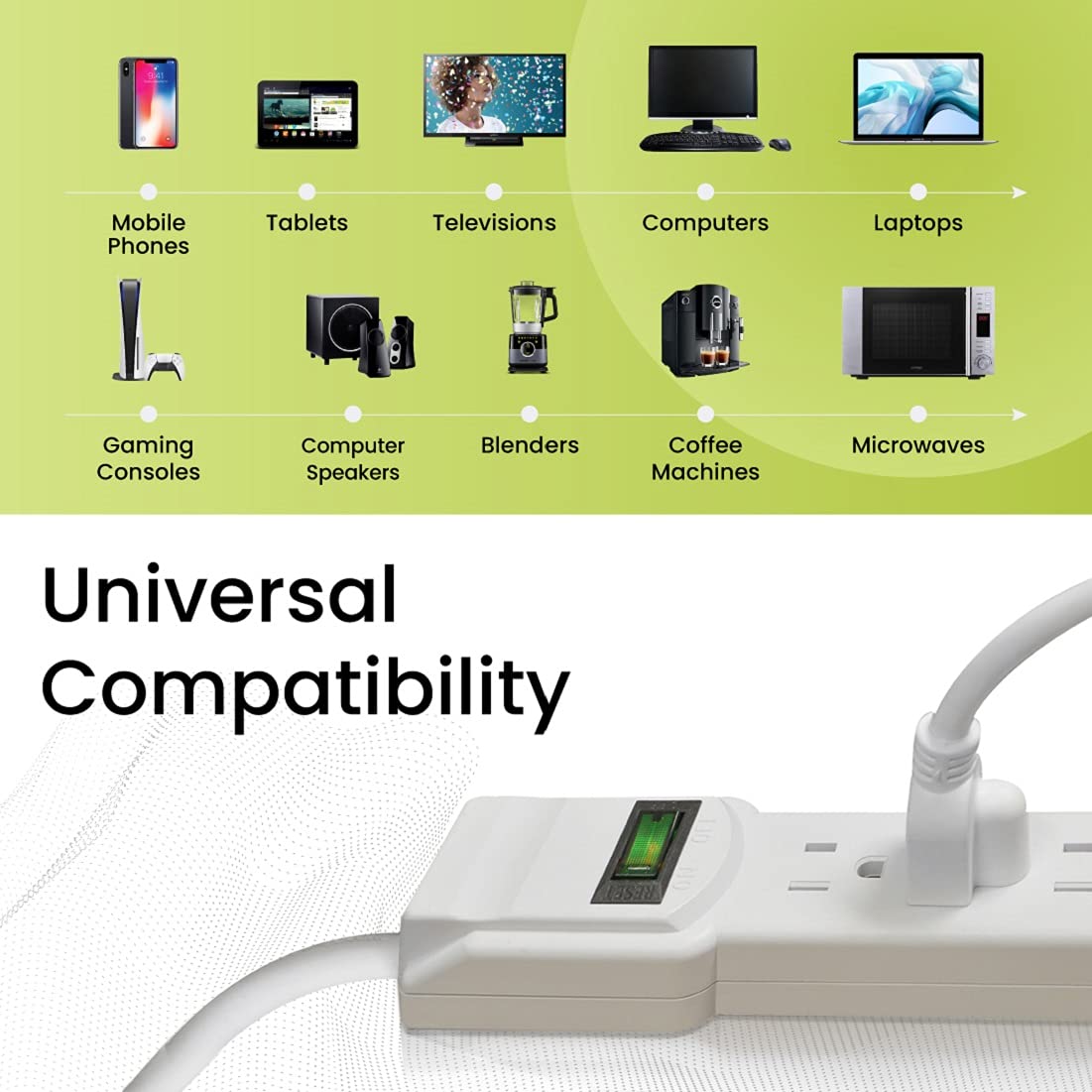Go Green Power GG-16106MS Surge Protector, 6 FT, White, 6 FT
