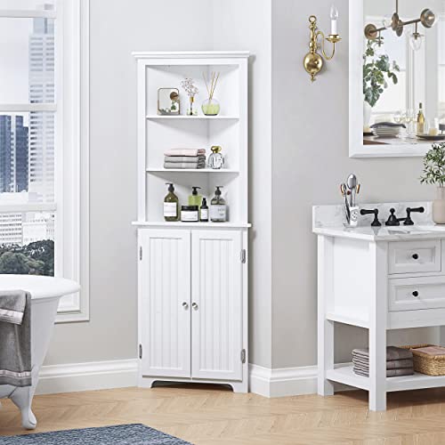 UTEX Tall Corner Cabinet, Free Standing Corner Storage Cabinet with Doors and Adjustable Shelves, Storage Cabinet Tall for Bathroom, Kitchen, Living Room, White