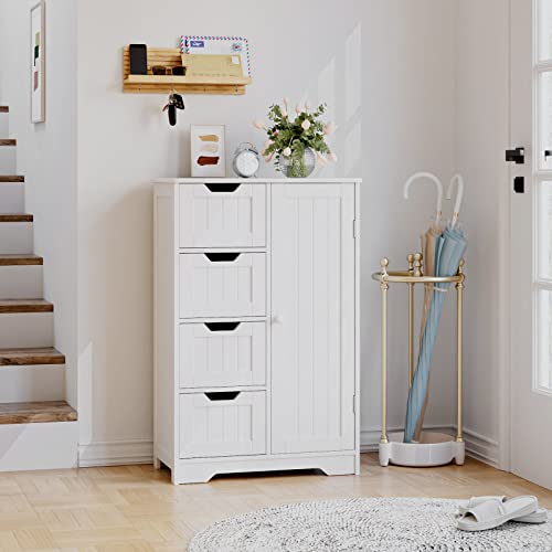 FOTOSOK Bathroom Floor Cabinet, Freestanding Storage Cabinet with 4 Drawers & 1 Cupboard, Adjustable Shelf for Bathroom Entryway Living Room, White