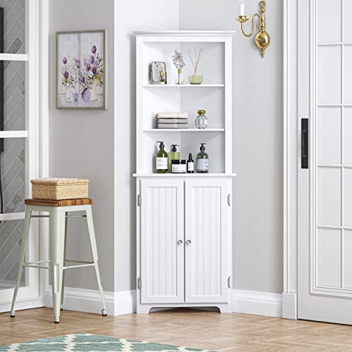UTEX Tall Corner Cabinet, Free Standing Corner Storage Cabinet with Doors and Adjustable Shelves, Storage Cabinet Tall for Bathroom, Kitchen, Living Room, White