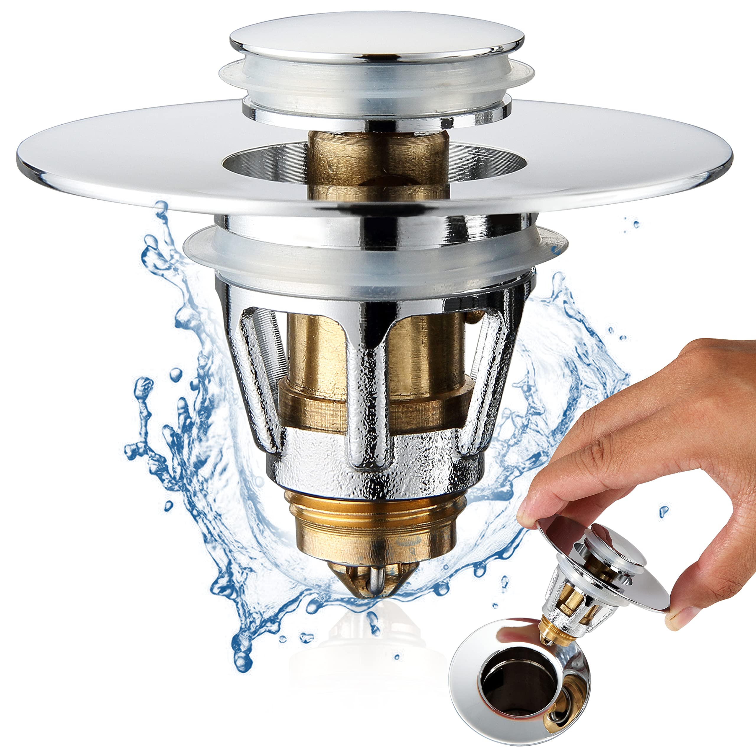 Universal Bathroom Sink Stopper - Stainless Steel Bounce Drain Filter, Pop Up Drain Stopper, Bullet Core Push Type Sink Stopper for Wash Basin, Sink Drain Plug with Anti-Clogging Strainer, Chrome