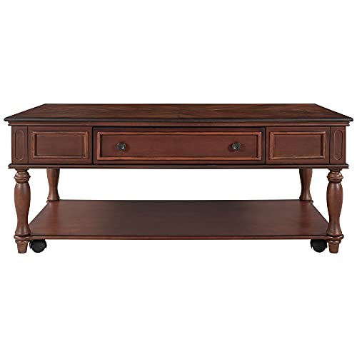 AOCOROE Large Wood Coffee Table with Lockable Casters French Country Style Coffee Table with Drawers. 47 Inch Center Table for Living Room
