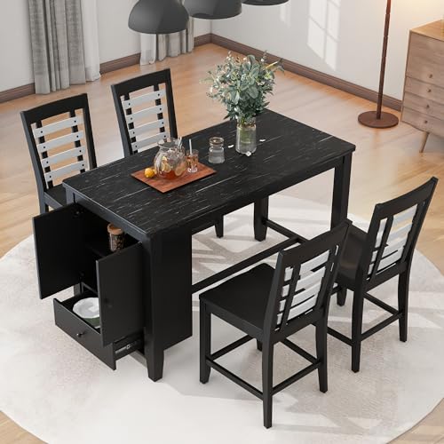 SIYSNKSI Rustic 5-Piece Counter Height Dining Table Set with Faux Marble Tabletop, Solid Wood Rectangle Dining Table with Storage Cabinet and Drawer for Dining Room Kitchen (Black 07)