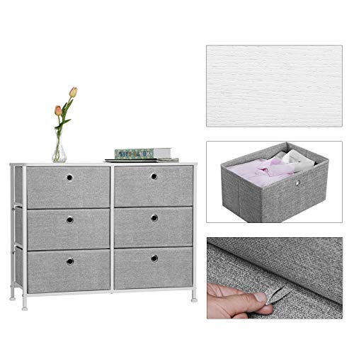 SONGMICS 3-Tier, Storage Dresser with 6 Easy Pull Fabric Drawers and Wooden Tabletop for Closets, Nursery, Dorm Room, 31.5" L x 11.8" W x 24.8" H, Light Grey and White ULTS23W
