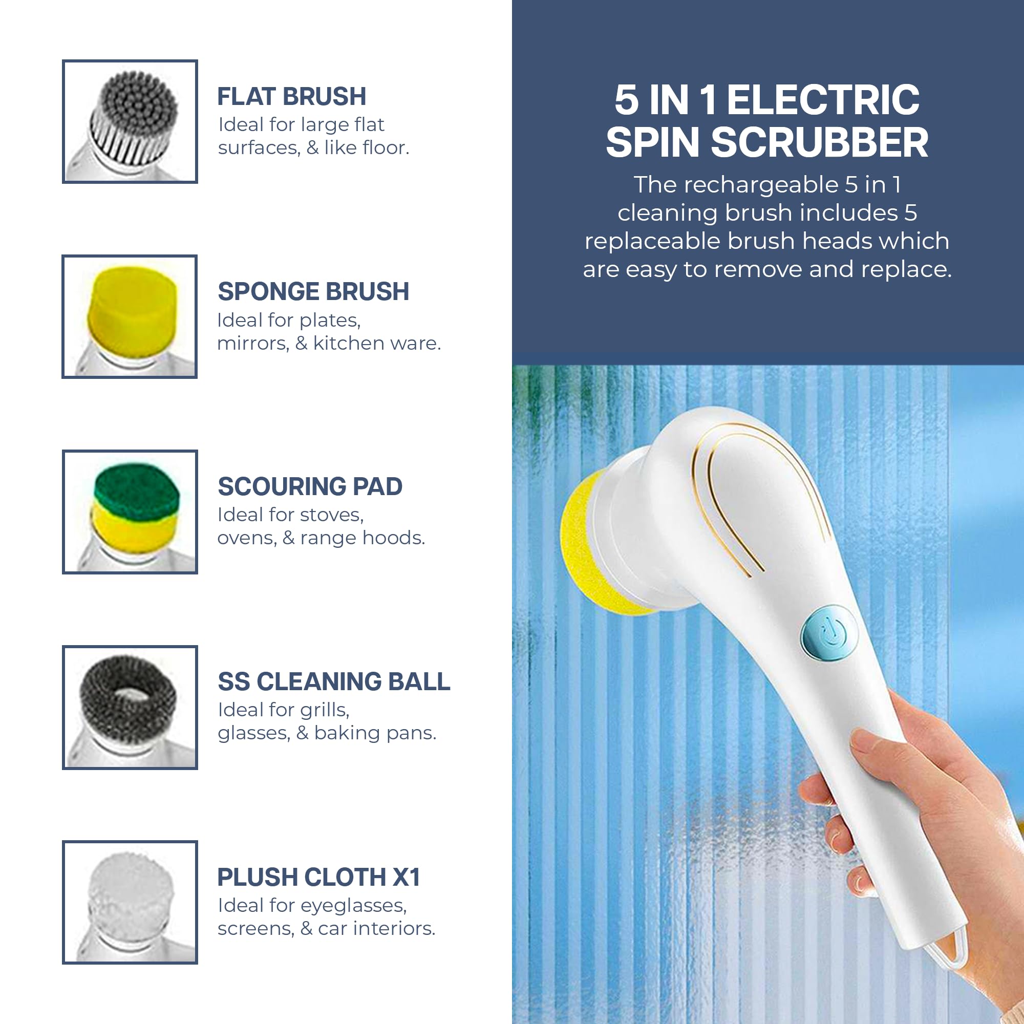 ZZ Life Electric Scrubber, Handheld Cleaning Brush, Includes 5 Replaceable Heads, Bathroom, Kitchen, Floor, Dish, Shoe, Glass - Multifunctional Home Accessory