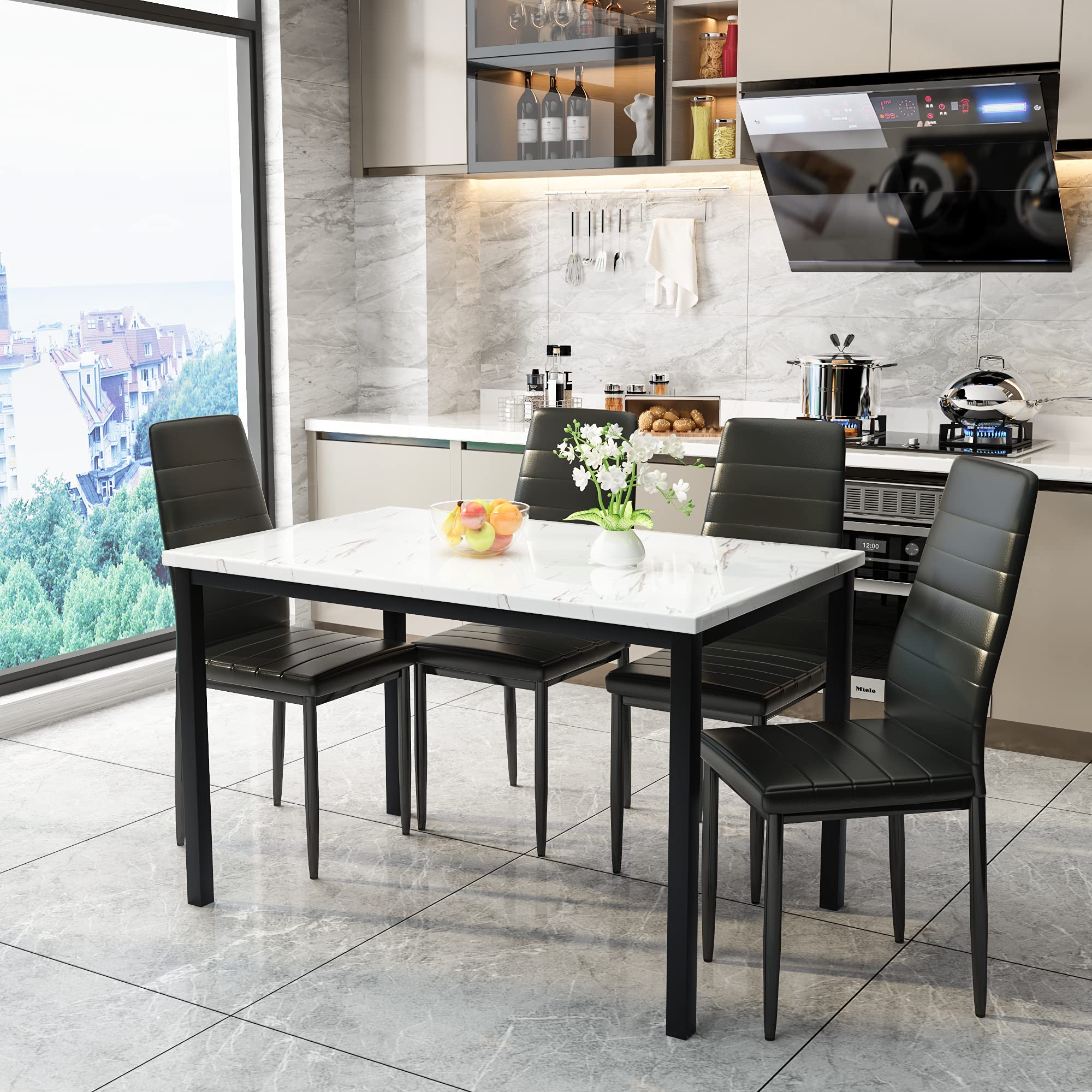 AWQM 5 Pieces Dining Table Set, Kitchen Table Set with Faux Marble Top Table and 4 Faux Leather Upholstered Chairs for Kitchen, Breakfast Nook, Dining Room, White+Black