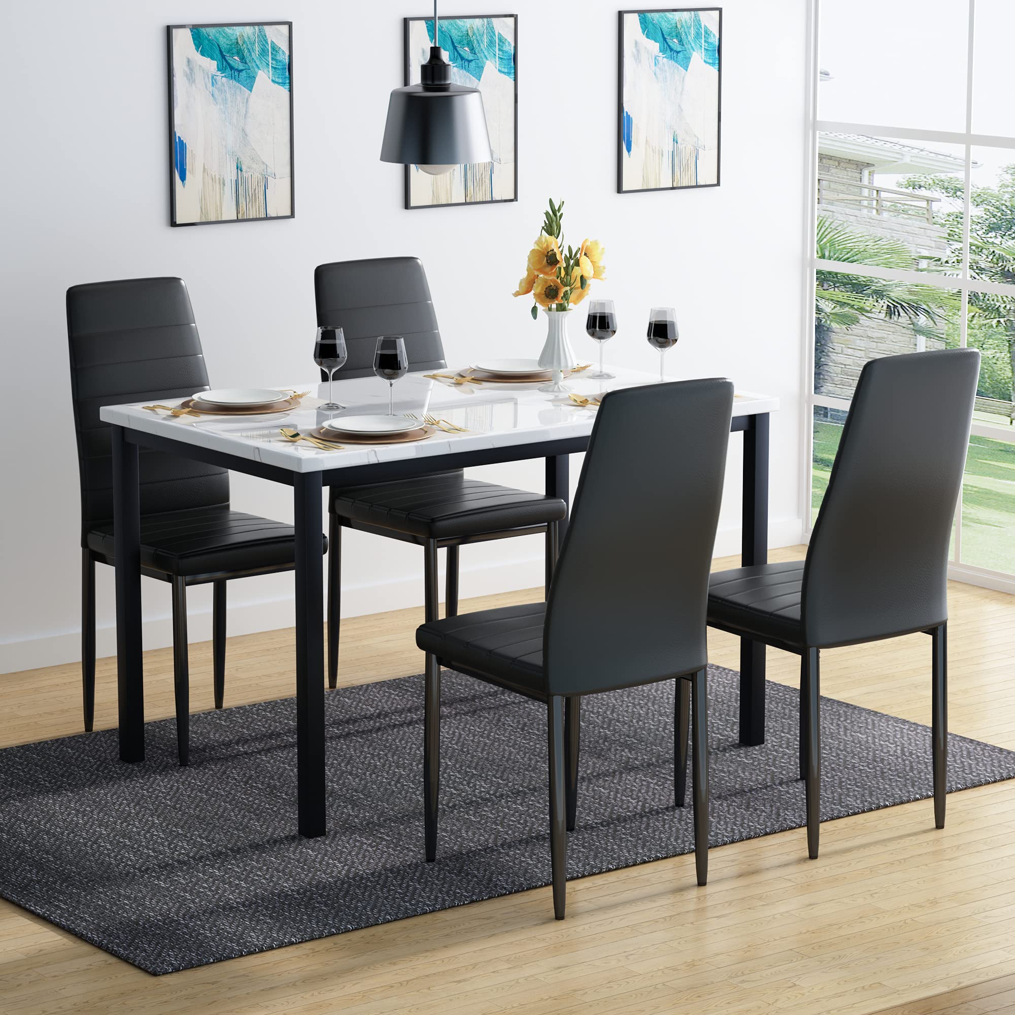 AWQM 5 Pieces Dining Table Set, Kitchen Table Set with Faux Marble Top Table and 4 Faux Leather Upholstered Chairs for Kitchen, Breakfast Nook, Dining Room, White+Black