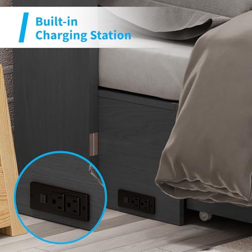 Mjkone Murphy Bed Cabinet Queen with Foldable High Elasticity Mattress, Cube Cabinet Bed with USB Charging Station, Solid Wood Chest Bed for Bedroom Guest Room Office (Gray, Cabinet Bed A)
