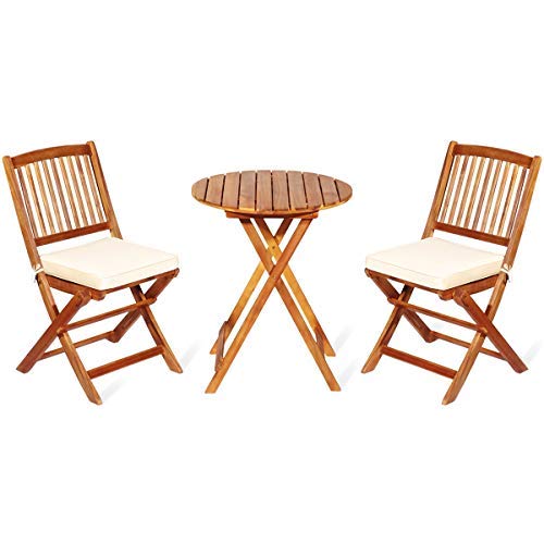 Giantex 3Pcs Patio Bistro Set, Wood Folding Table Set, 2 Cushioned Chairs for Garden Yard, Outdoor Furniture Round Table (Natural & Beige)