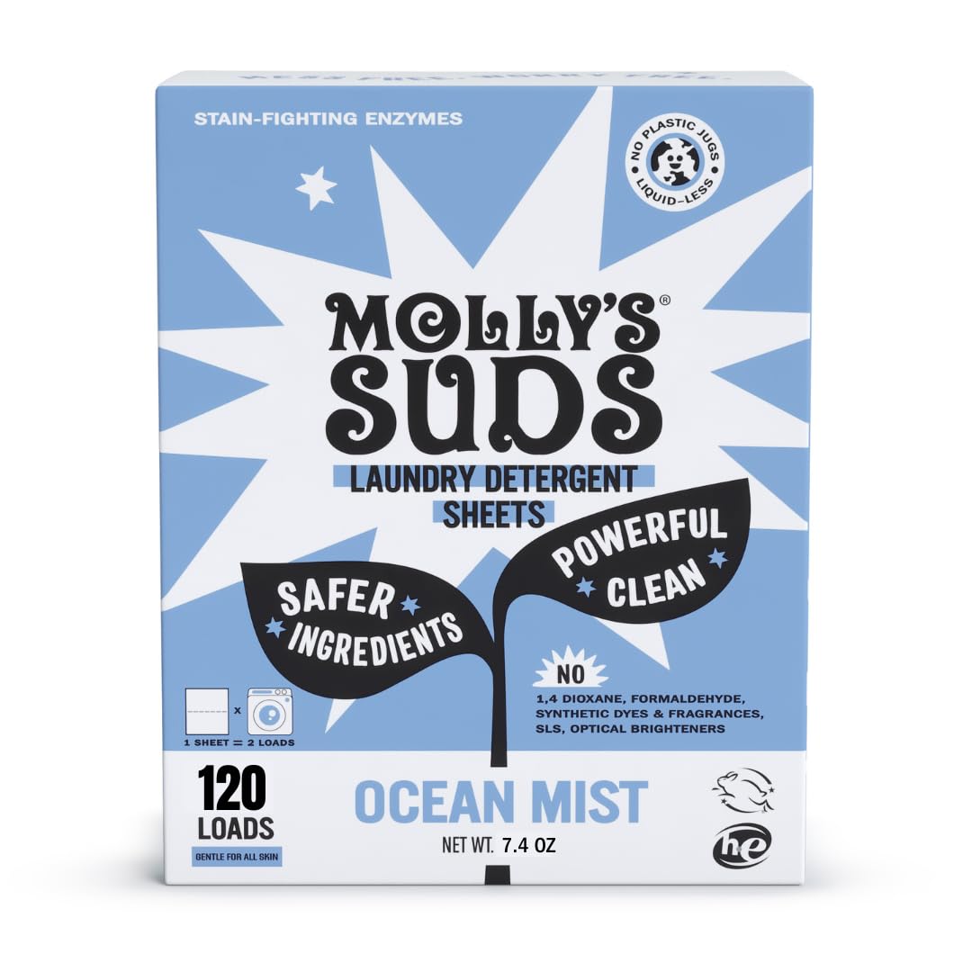 Molly’s Suds Laundry Detergent Sheets | Gentle on Sensitive Skin, Powerful Bio-Based Enzymes, Stain-Fighting | Liquidless & Plastic-Free Packaging | 120 Loads (Ocean Mist)